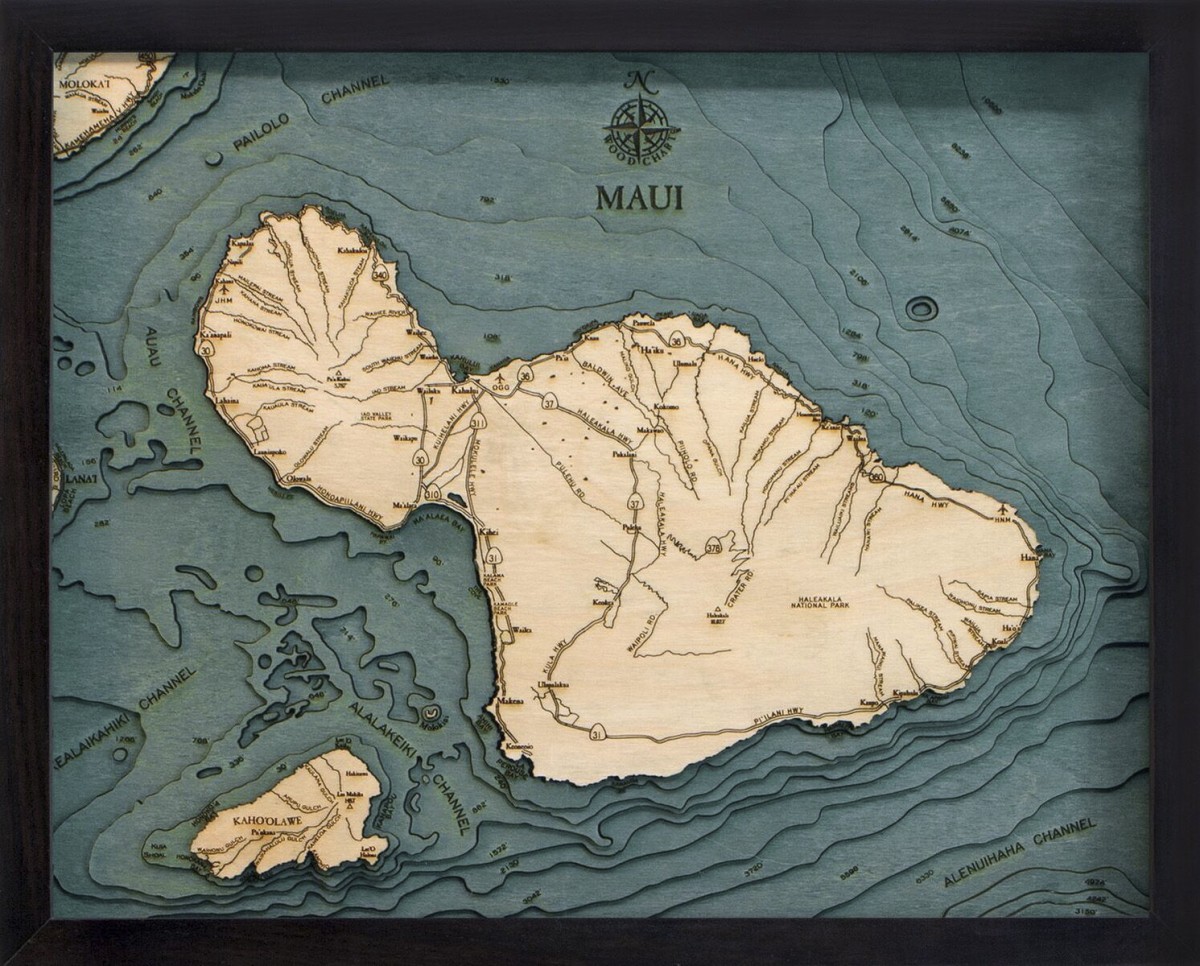 Bathymetric Map Maui, Hawaii - Scrimshaw Gallery