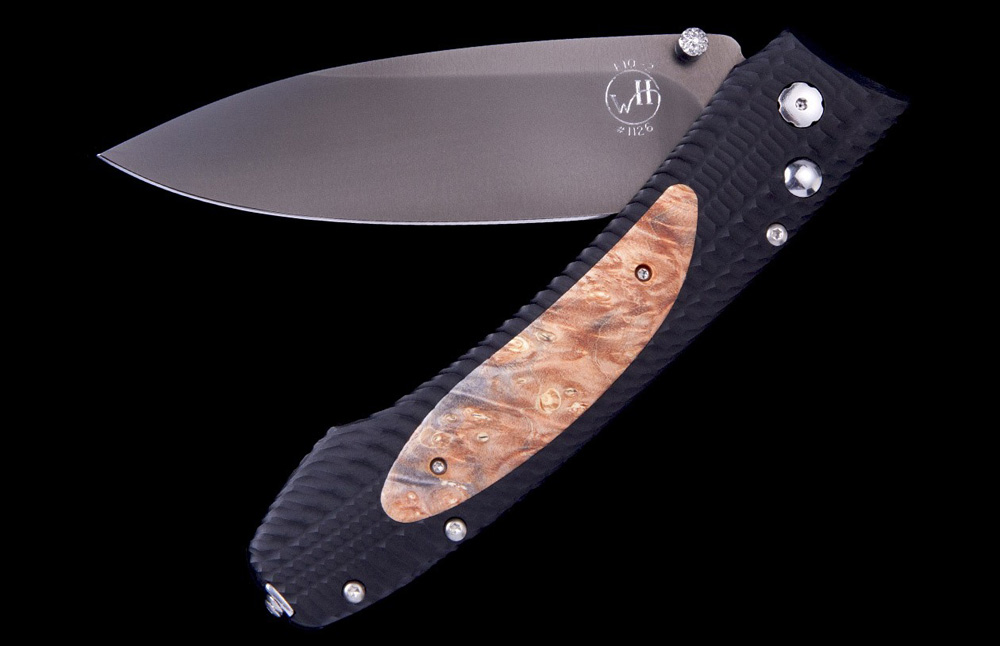 William Henry E10-2 Box Elder Burl Wood Knife - Scrimshaw Gallery